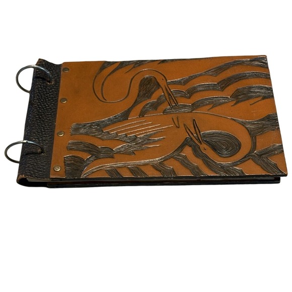 Art | Carved Wood Album Heron Crane Leather Spine Guest Book Art Deco ...